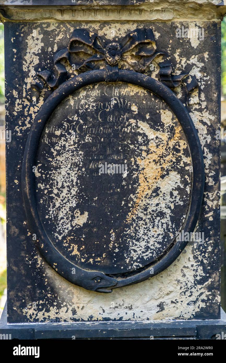 Detail of a grave at the Elias cemetery in Dresden with a snake biting its own tail, symbolizing ...