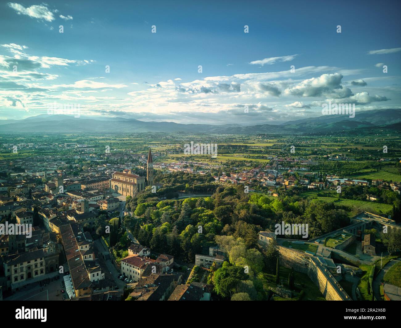 An aerial view of the historic Tuscan city skyline under a bright sky in Arezzo, Italy Stock ...