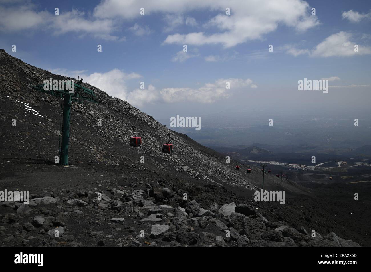 Volcanic landscape with scenic view of Funivia dell' Etna Sud the cable ...