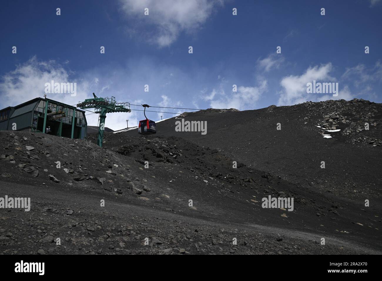 Volcanic landscape with scenic view of Funivia dell' Etna Sud the cable ...