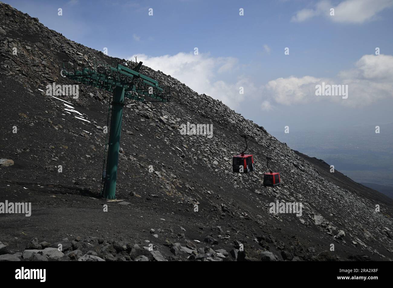 Volcanic landscape with scenic view of Funivia dell' Etna Sud the cable ...