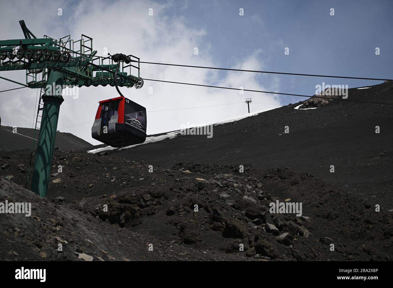 Volcanic landscape with scenic view of Funivia dell' Etna Sud the cable ...
