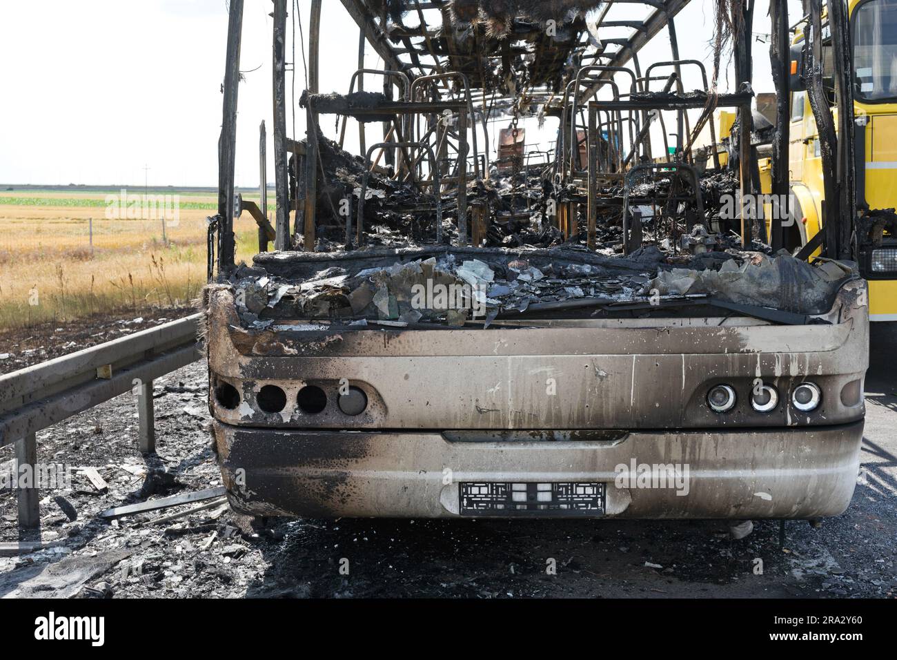 Burned Coach Bus Vehicle at Highway Accident Stock Photo - Alamy