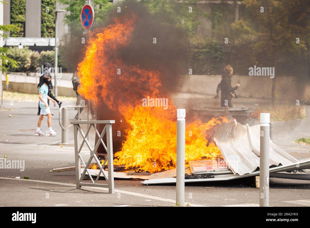 Burning fire seen during the clashes between protesters and the police ...