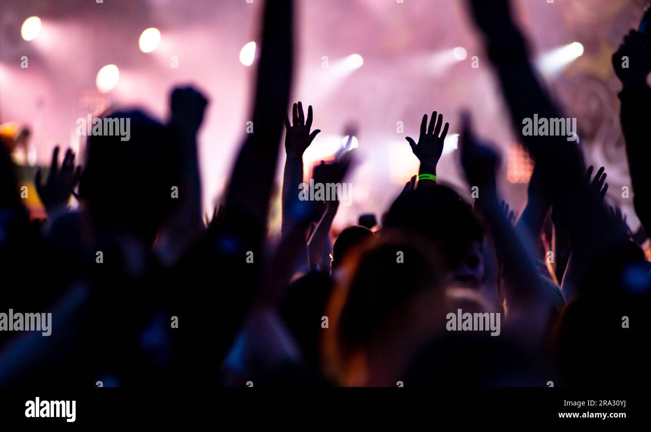 A areal shot of a raised hand with a crowd of people in the background ...