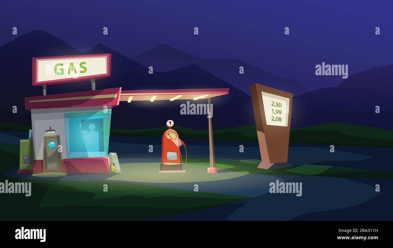 cartoon gas station at night with lights Stock Vector Image & Art - Alamy