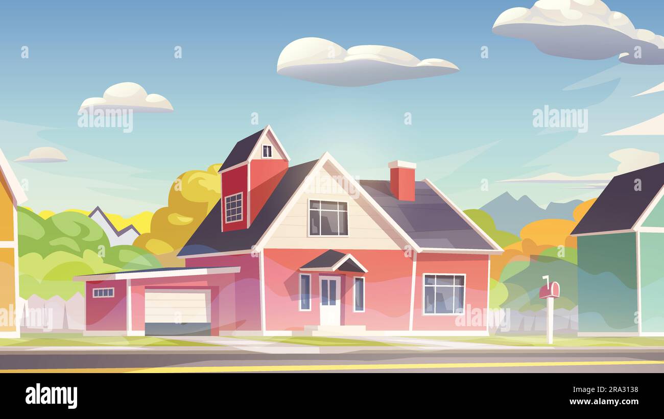 cartoon red house at morning in suburb Stock Vector Image & Art - Alamy