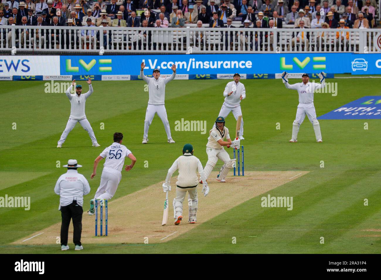 London, England. 30th June, 2023. England's Josh Tongue bowls to ...