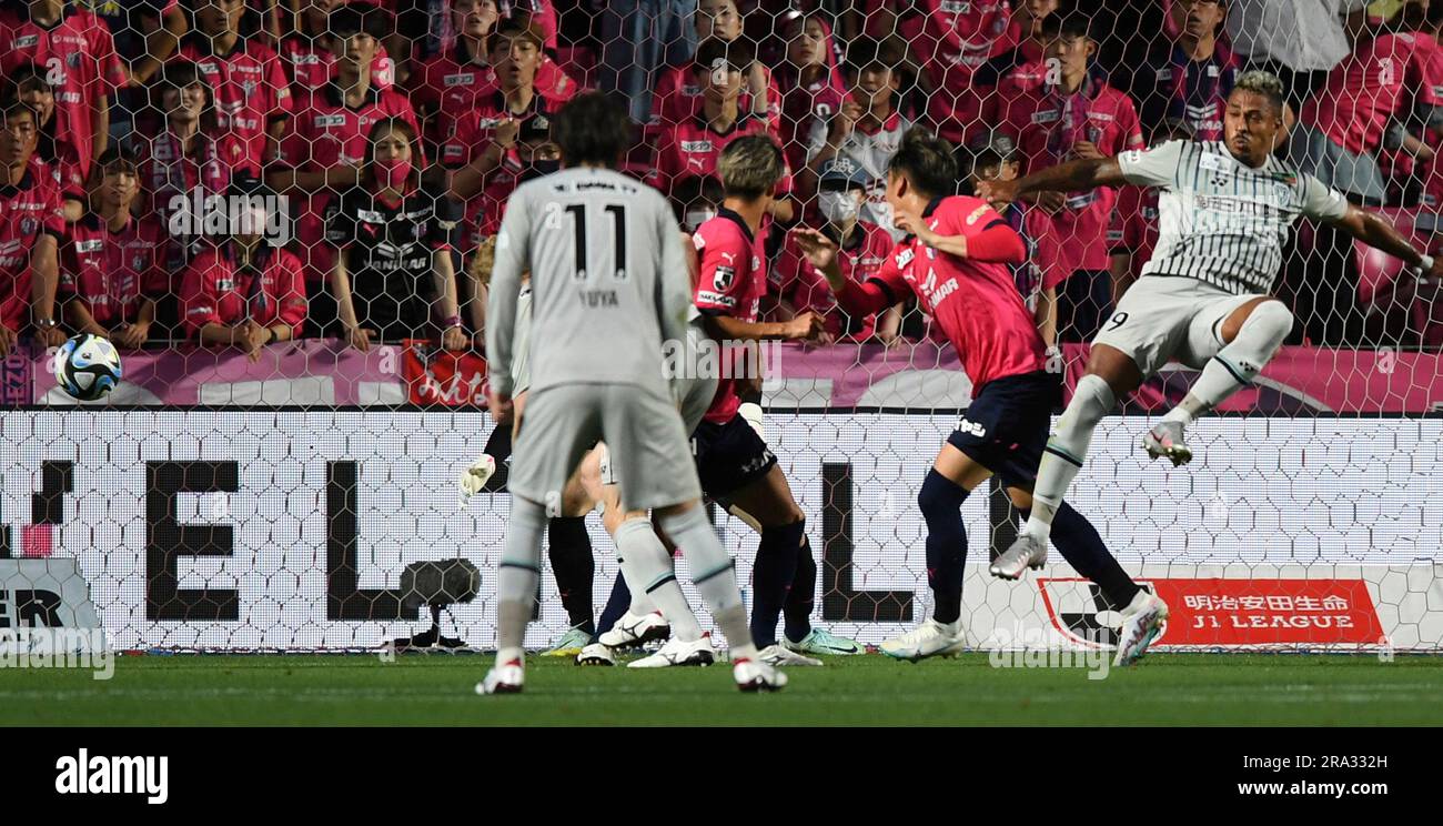 Avispa Fukuoka's Rukian (R) opens a goal during the first half of the J ...