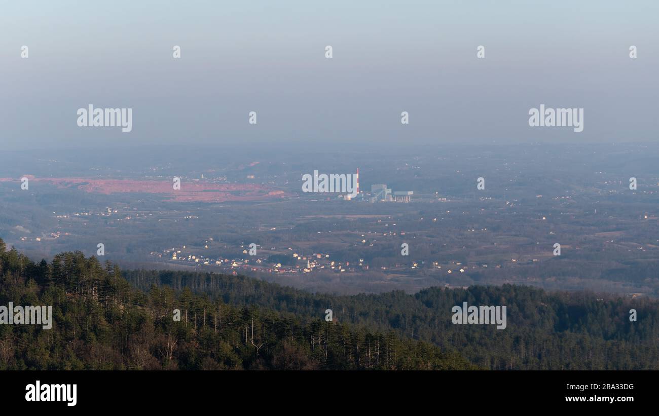 Thermal power plant and coal mine in Stanari, view from mountain Ljubic ...