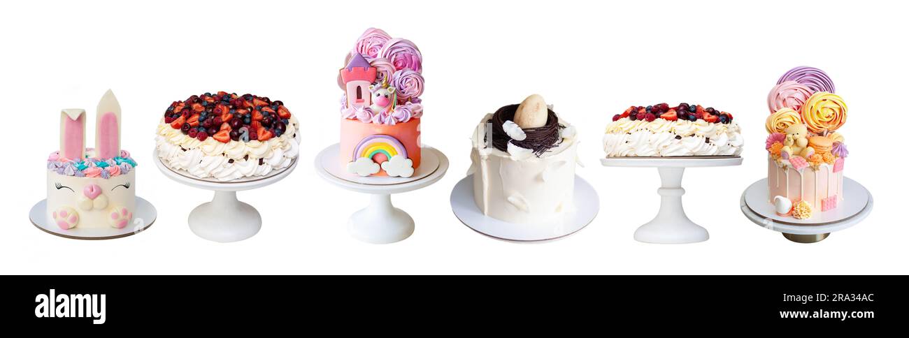 Collection of different birthday colorful cakes isolated on white ...