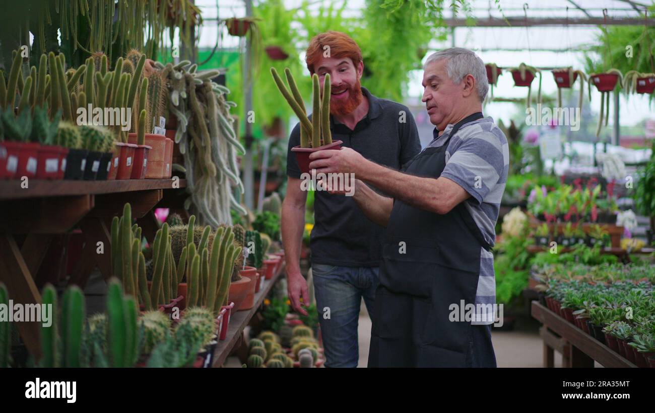 Older business store owner helping young client to buy plant at local ...