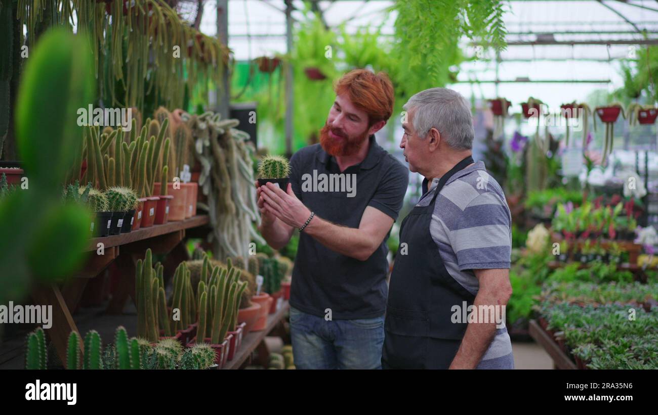 Older business store owner helping young client to buy plant at local ...