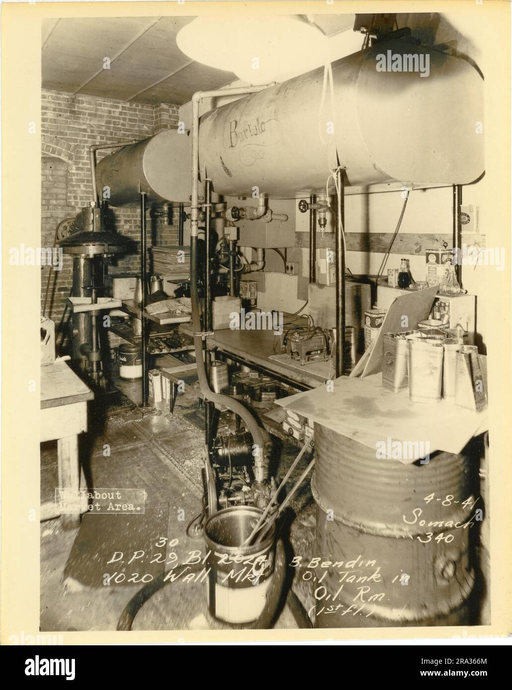 Photograph of interior of Bl. 2024, 1020 Wall Mkt., B. Bendin, oil tank ...