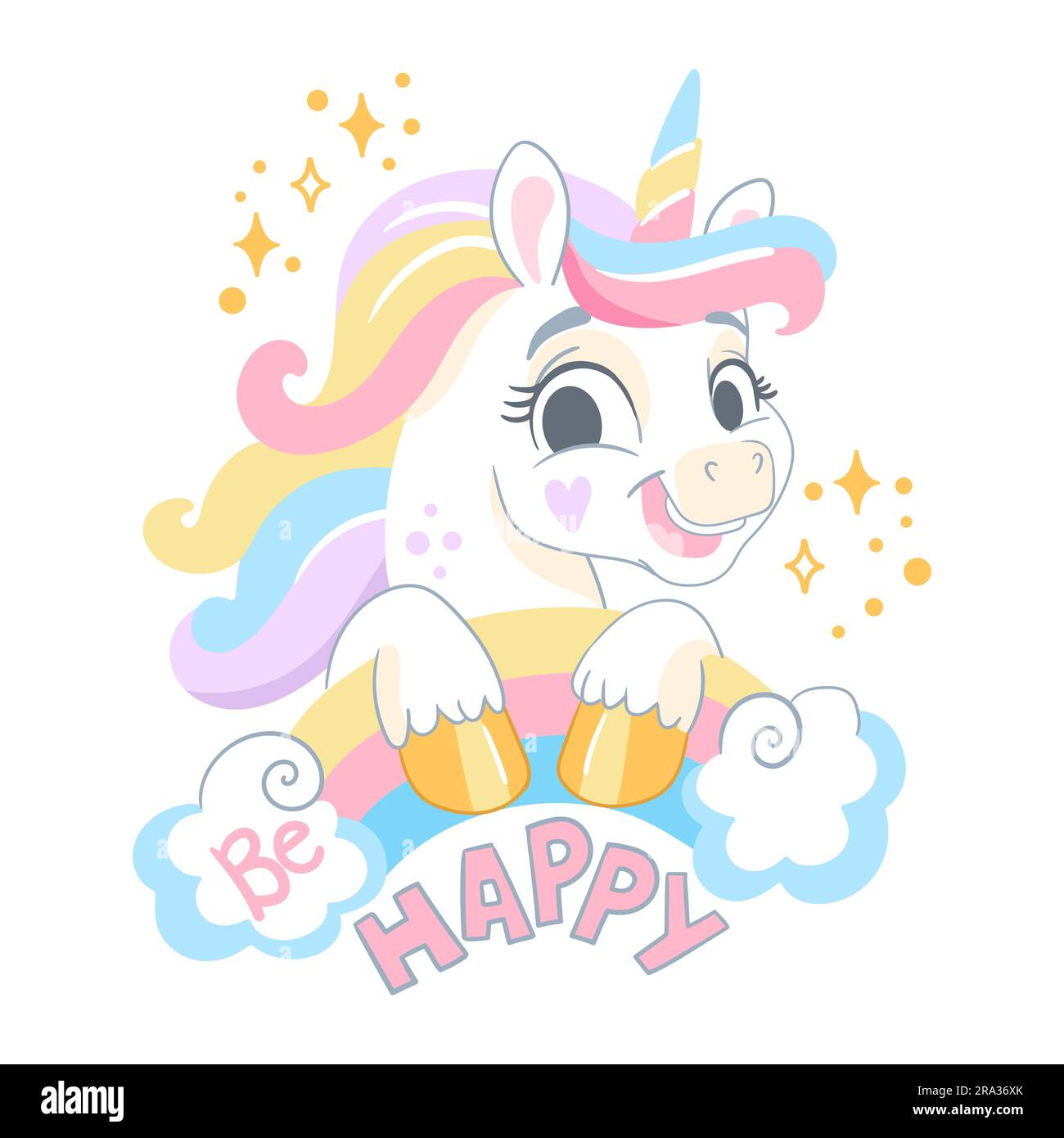 Cute cartoon character unicorn with a rainbow and lettering be happy ...