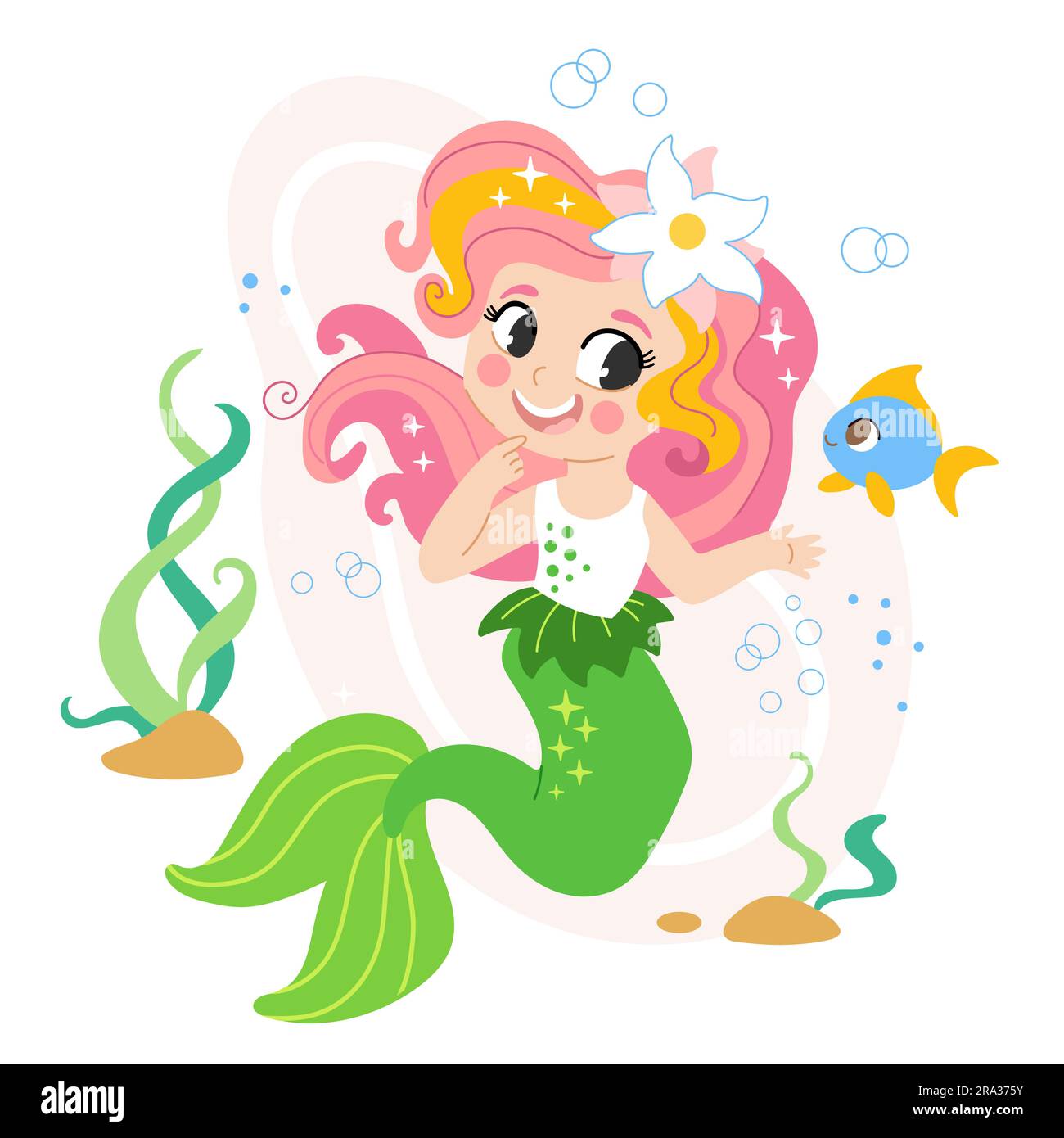 Cute cartoon pink haired mermaid with a friend fish. Vector cartoon ...