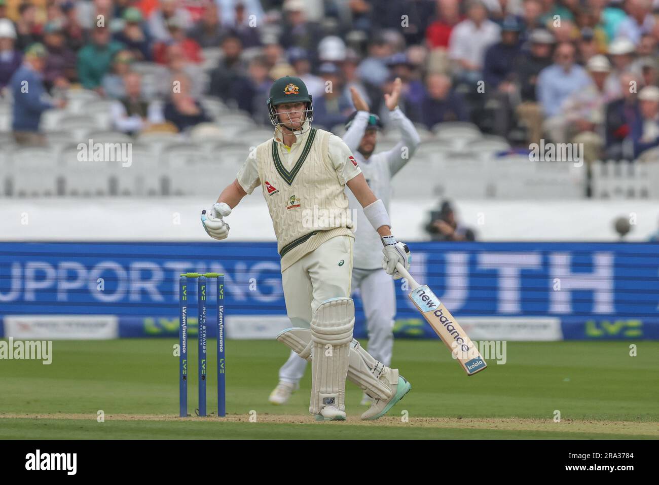 Steven Smith of Australia does a little dance as he shouts no run ...