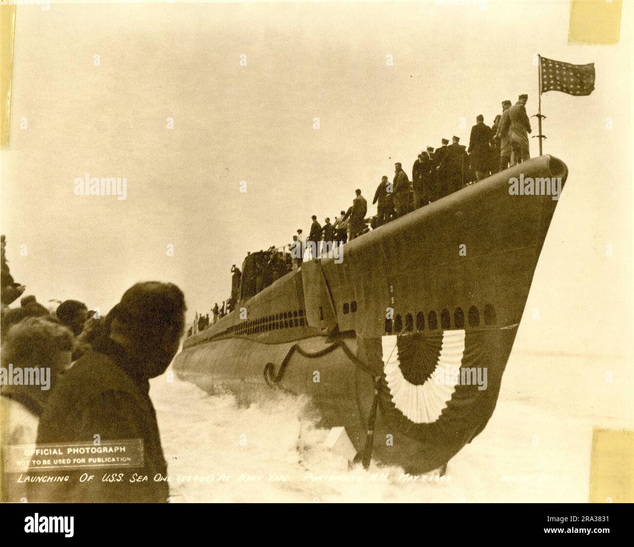 Launch of the USS Sea Owl. Original caption: Launching of USS Sea Owl ...