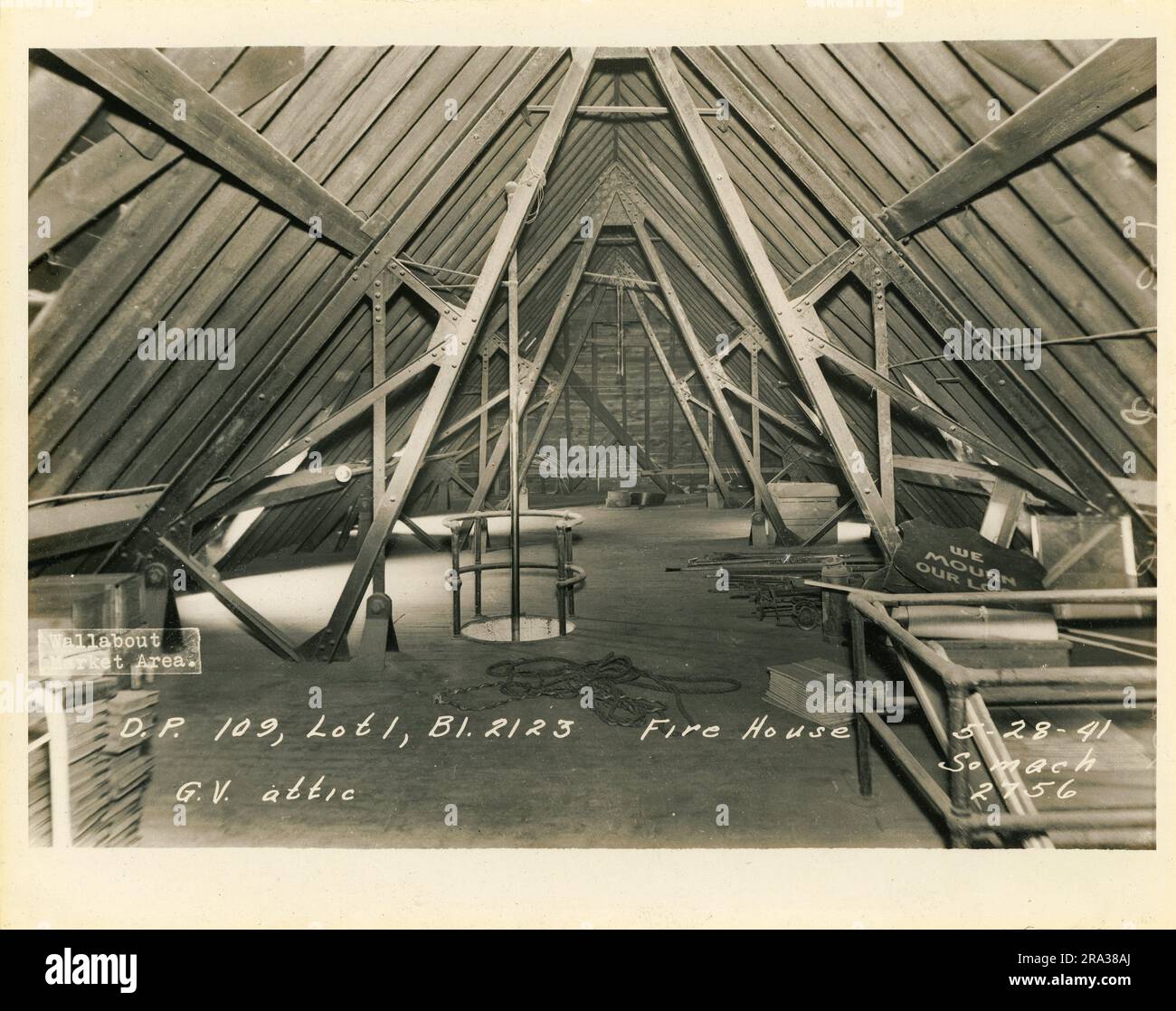 Photograph of interior of lot 1, Bl. 2123, attic of the fire house ...
