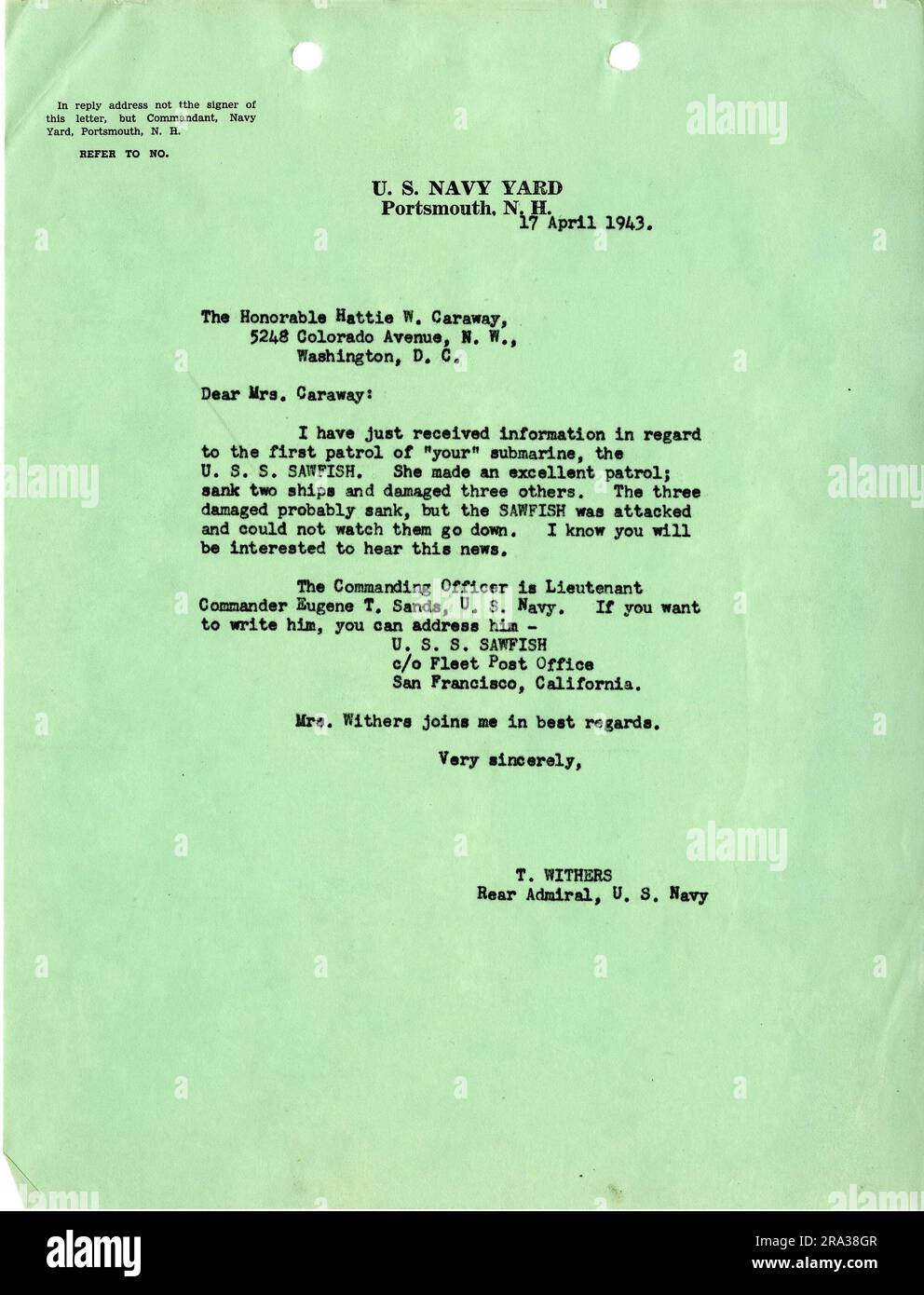 Letter from Rear Admiral T. Withers to Honorable Hattie W. Caraway ...