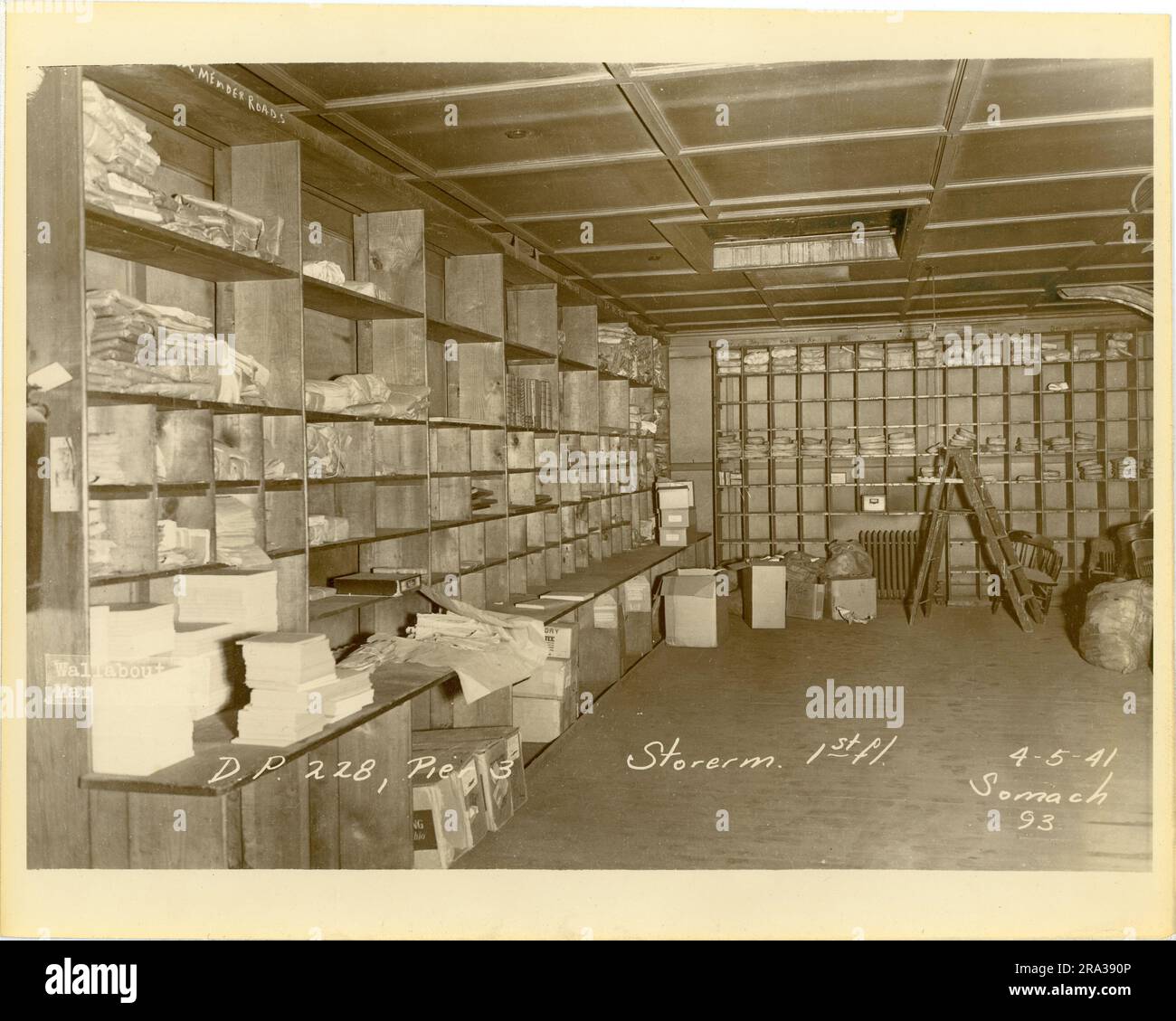 Photograph of store room on 1st floor of Pier 3, D.P. 228. Depicts ...