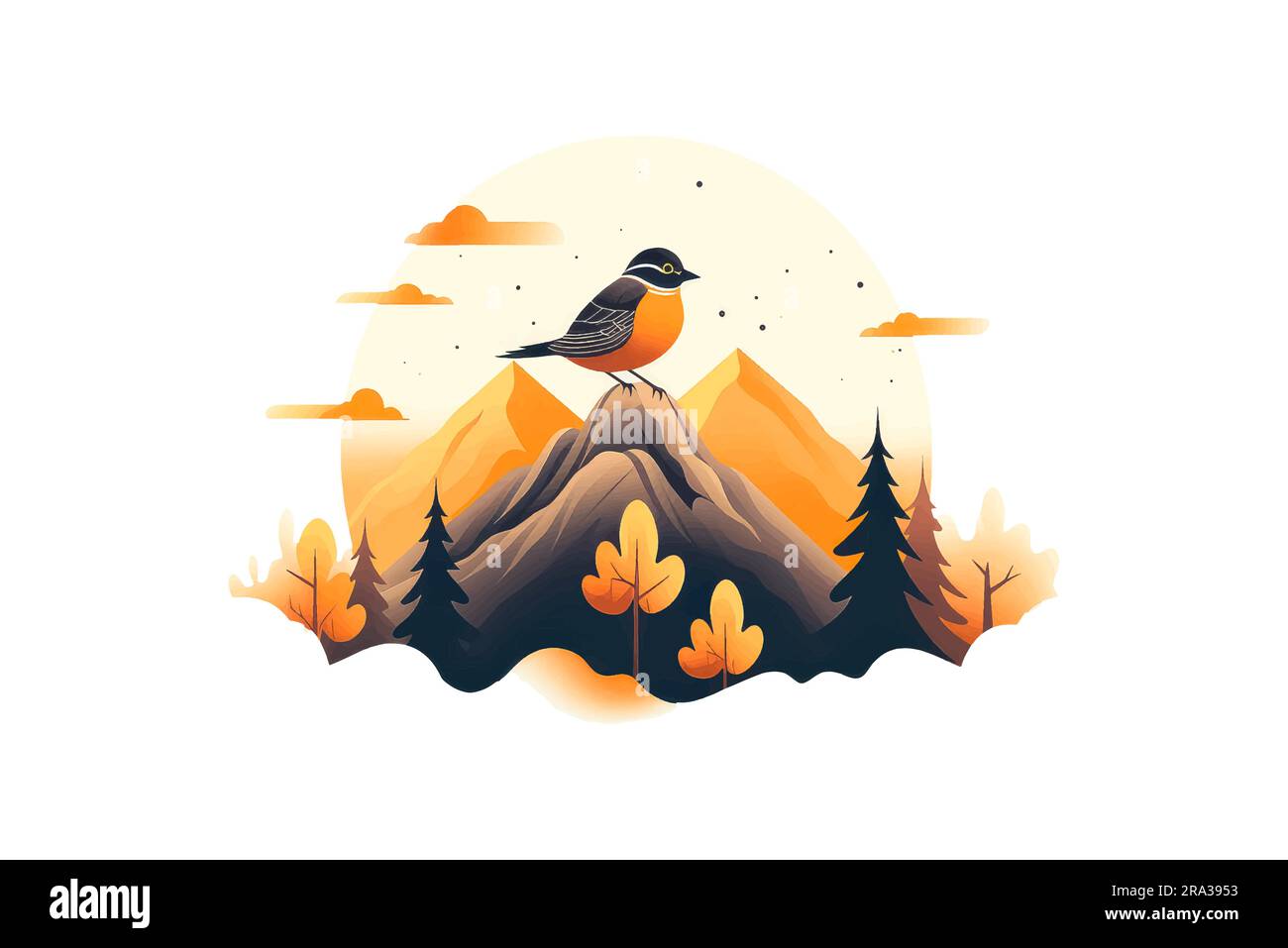 mountain autumn forest with landscape background bird in flat color for ...