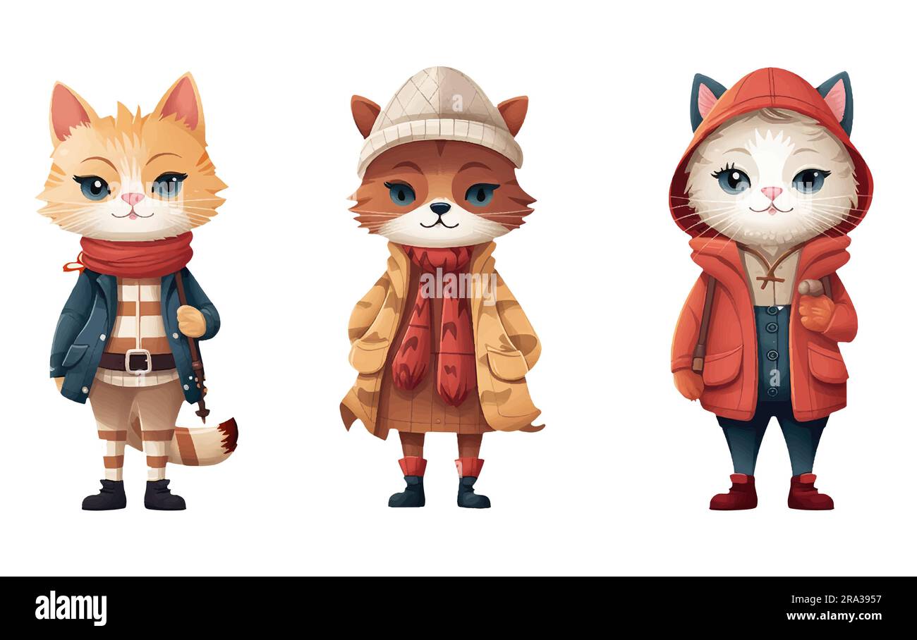 set vector illustration of cute cat wear casual autumn outfit elements ...