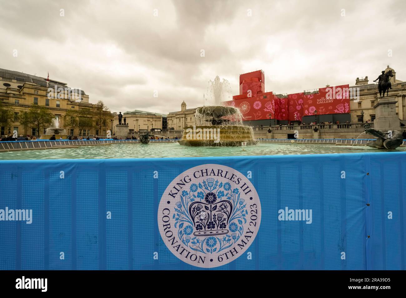 Coronation week decorations in Trafalgar Square in London. King Charles ...