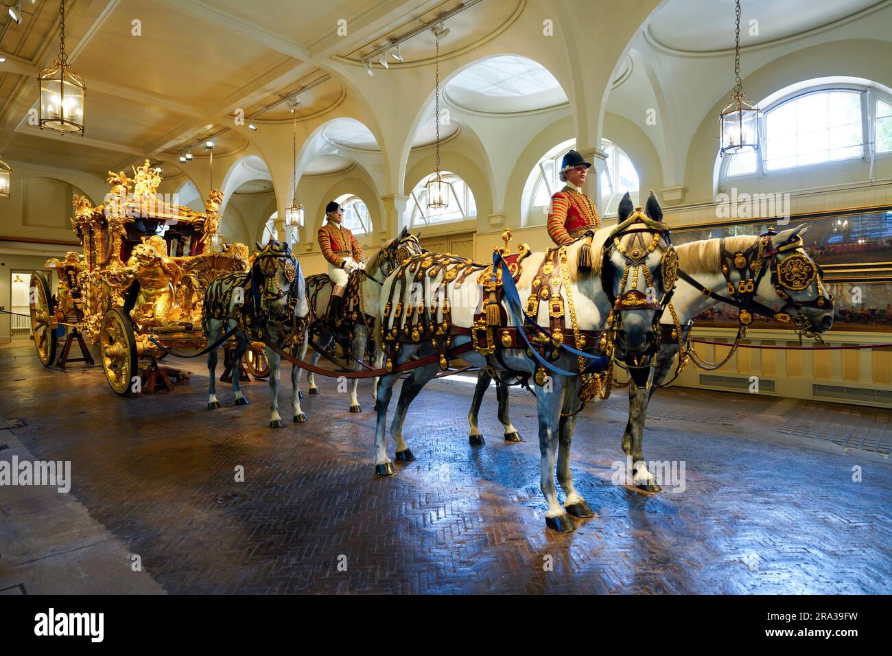 Royal Gold State Coach at the Royal Mews in London. King Charles III ...