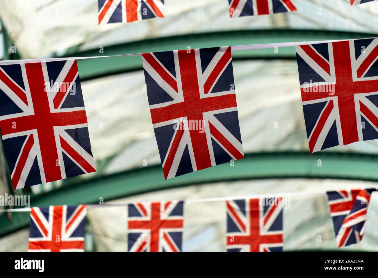UK flags hanging in Covent Garden, a popular open air market in London ...