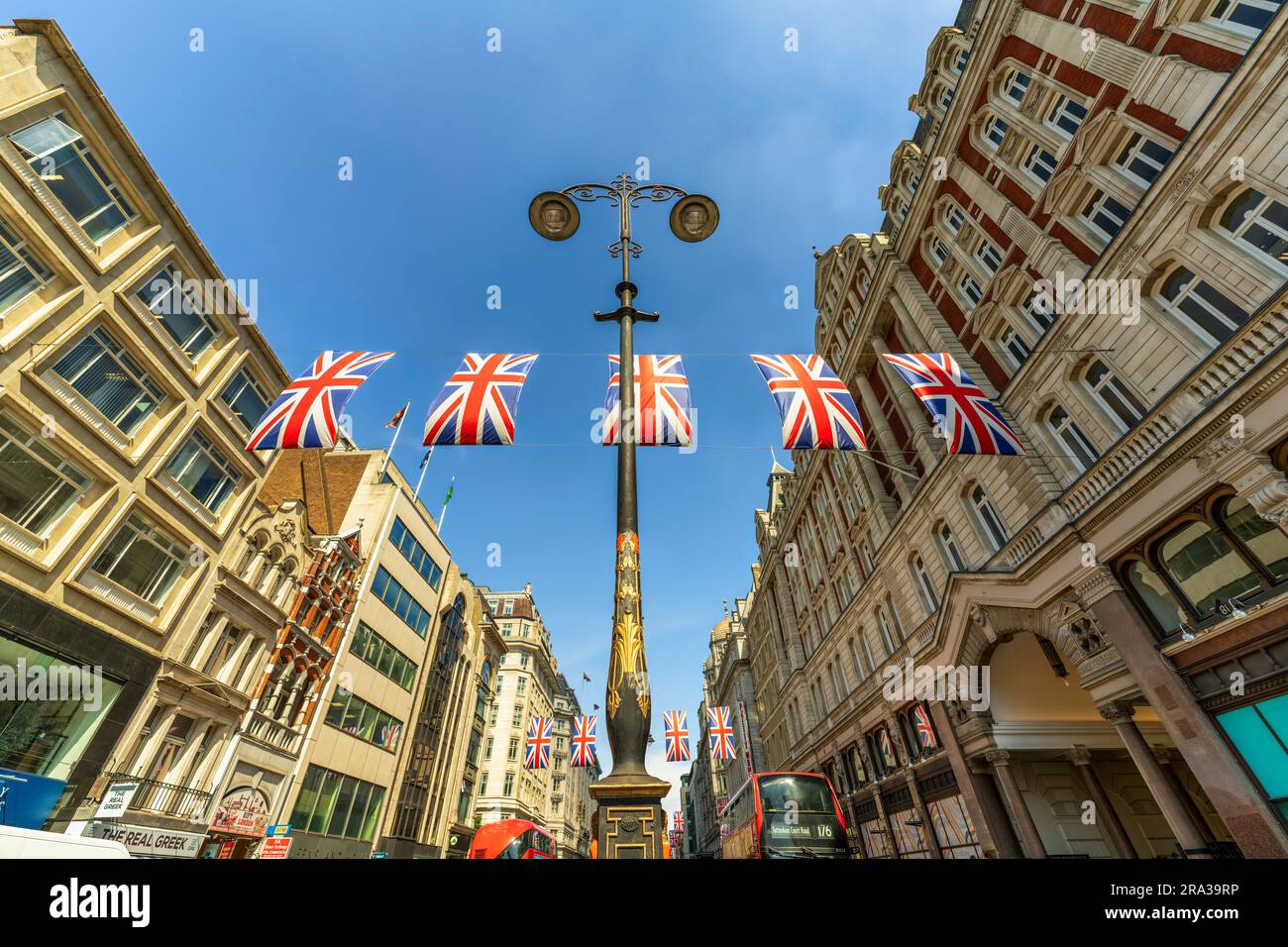 English flags, UK Union Jack flags on the Strand in London, a popular ...