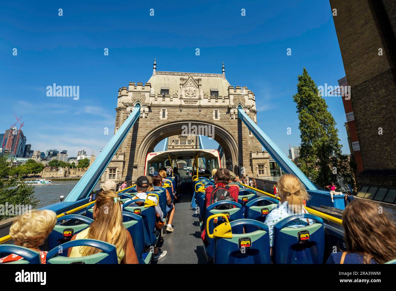 Tourist bus on Tower Bridge in London. The double decker bus, tour bus ...