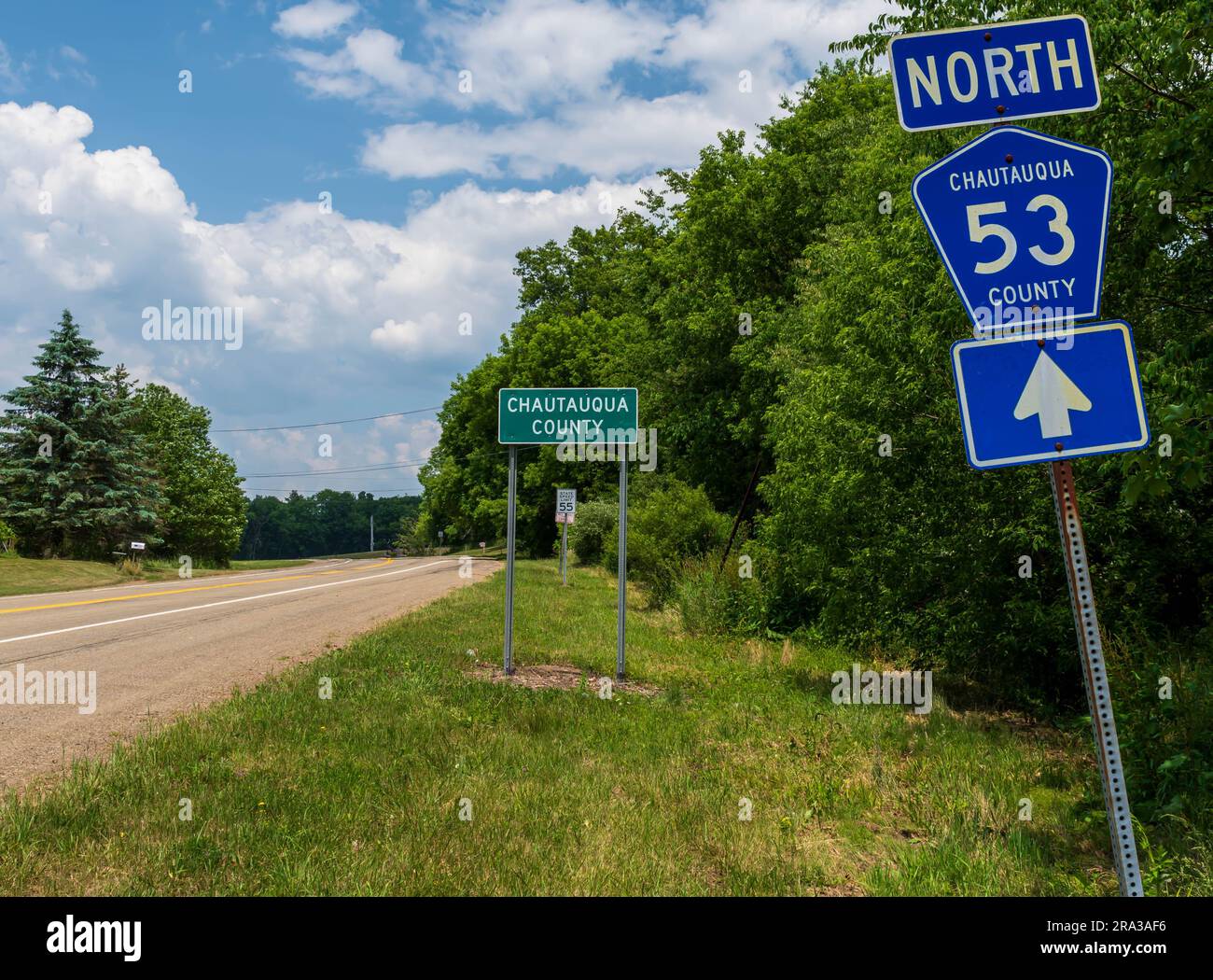 The State Route 53 North sign in front of the Chautauqua County sign in ...