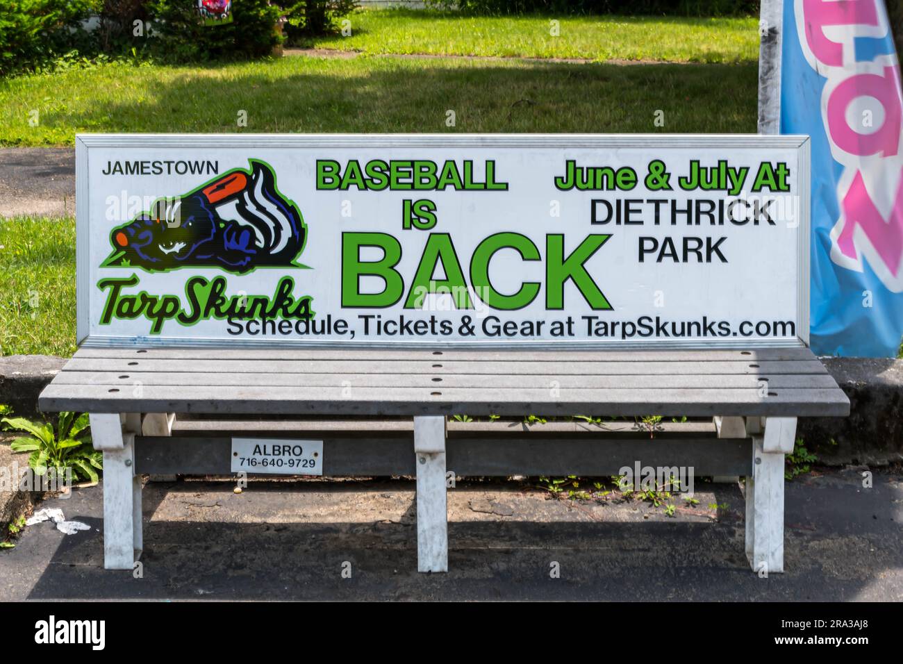Baseball advertising on a park bench on Main Street in Frewsburg, New ...