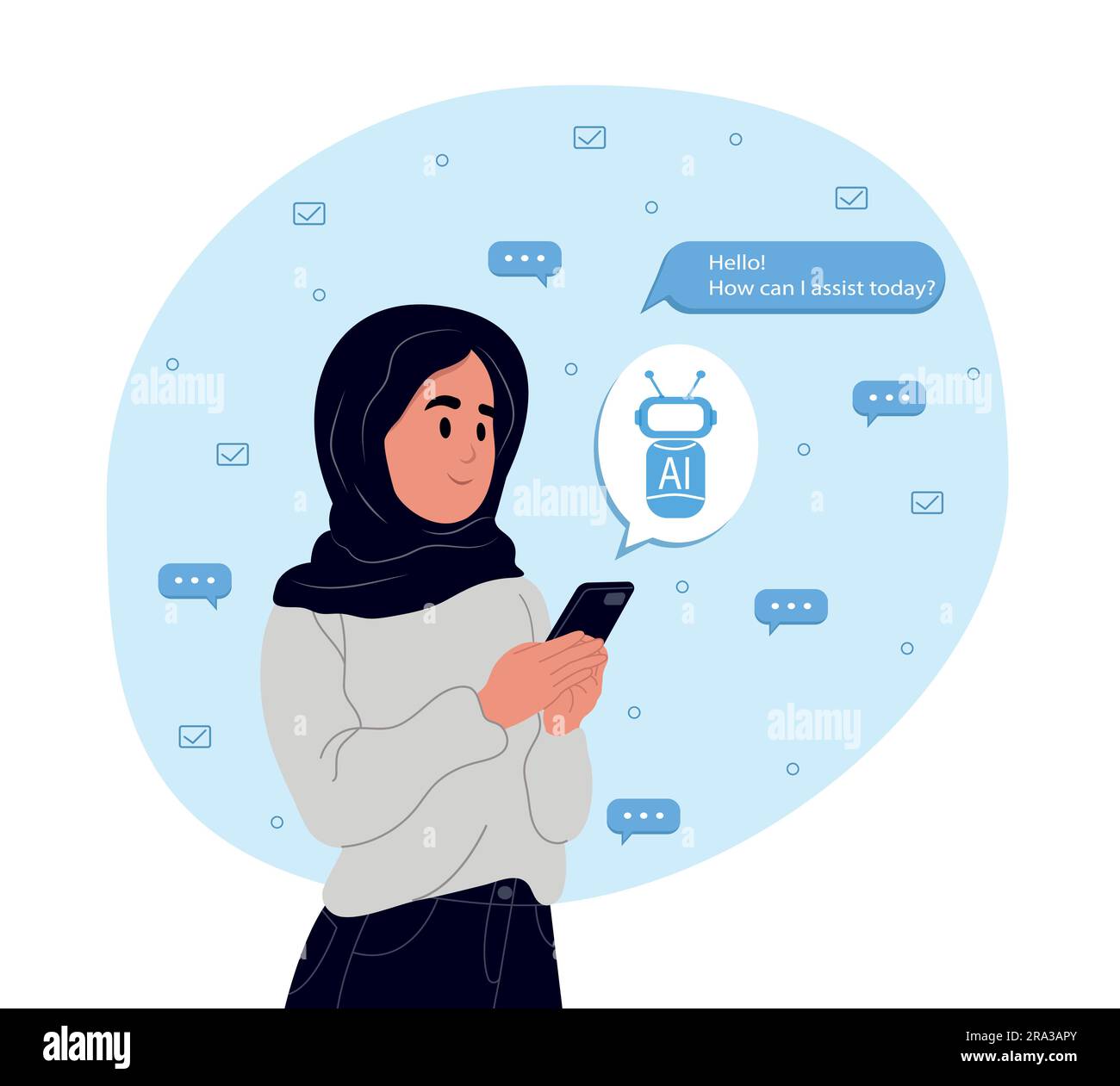 Modern Muslim woman uses the technology of a smart AI robot. ChatGPT AI ...