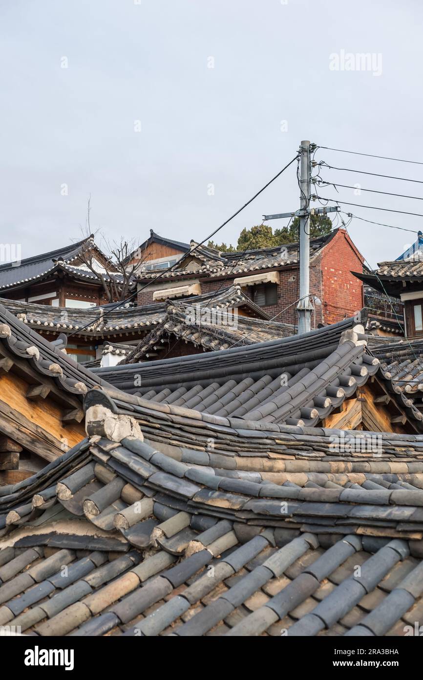 View of Roof in Korean traditional building, Seoul, South Korea Stock ...