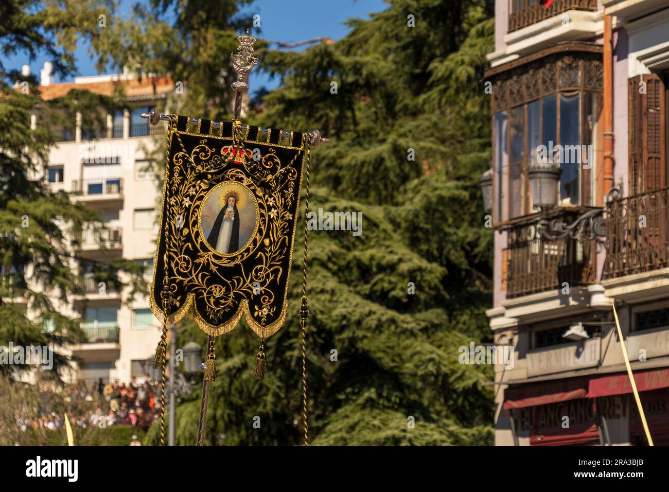 Religious banner carried through the streets of Madrid during a Holy ...