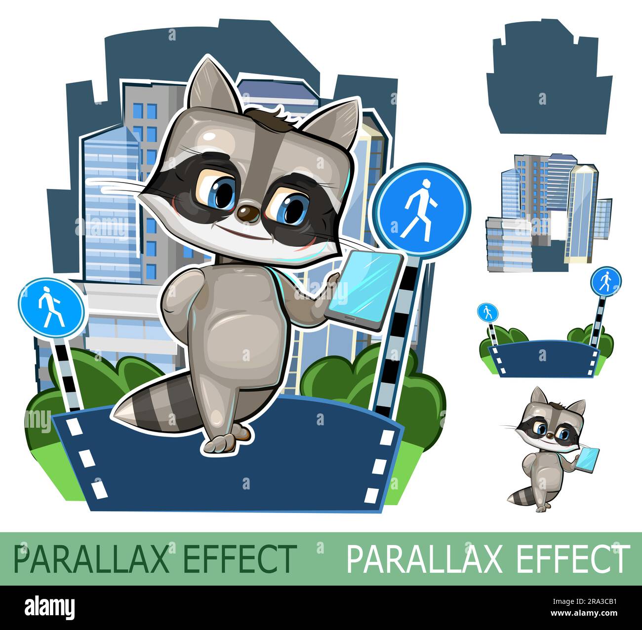raccoon looks at phone. set of slides create parallax image layer ...