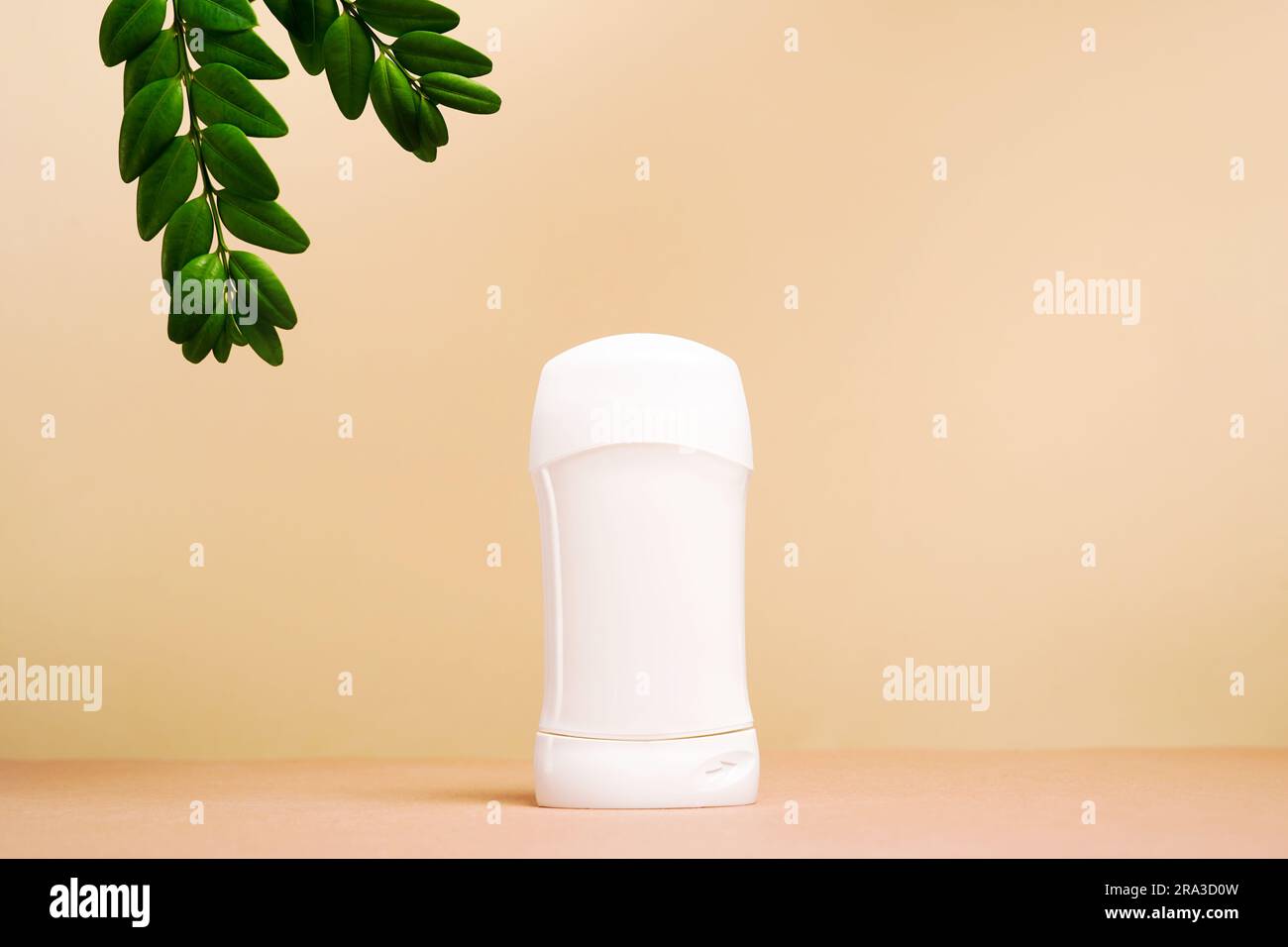 White deodorant and green leaves on color beige background Stock Photo ...