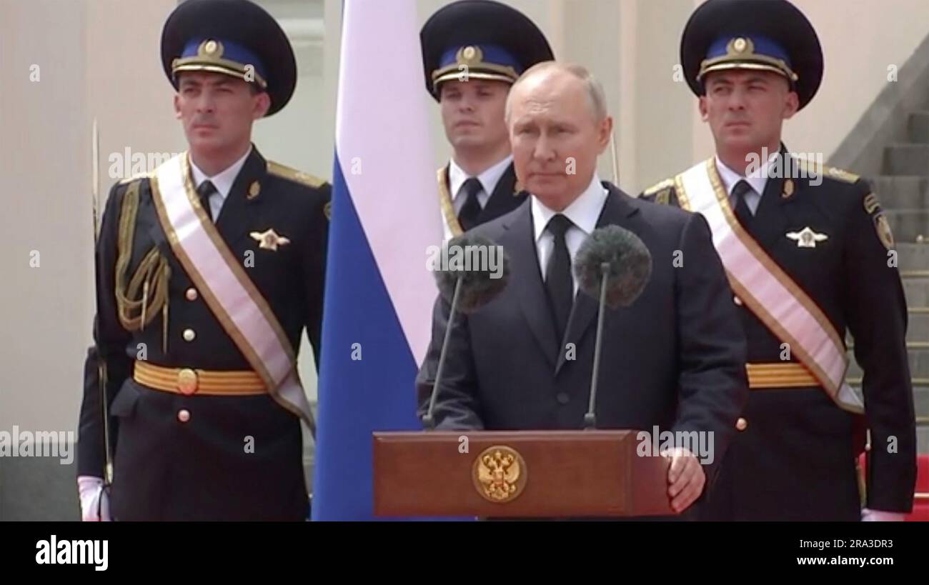 VLADIMIR PUTIN President of Russia making a speech inside the Kremlin on 27 June 2023 after the ...