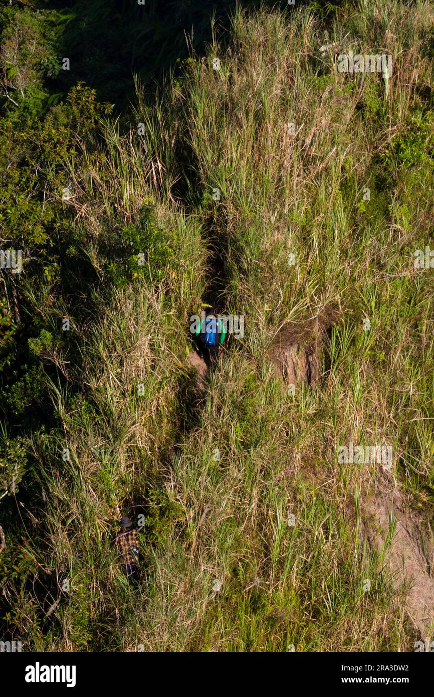 East Java, Indonesia, June 2023: Aerial view of tourist hiking a ...