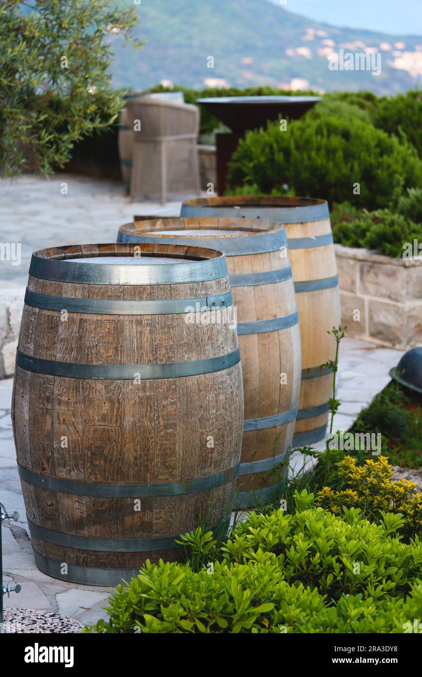 Wine casks at the winery. Wine barrels outside of wine cellar in the ...