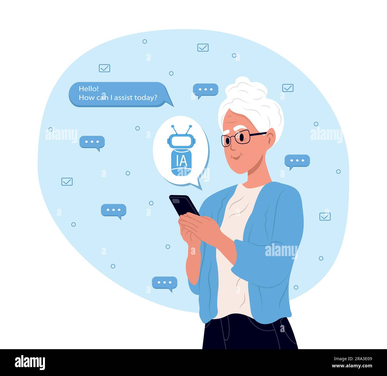 Elderly woman uses the technology of a smart AI robot. ChatGPT AI chat ...