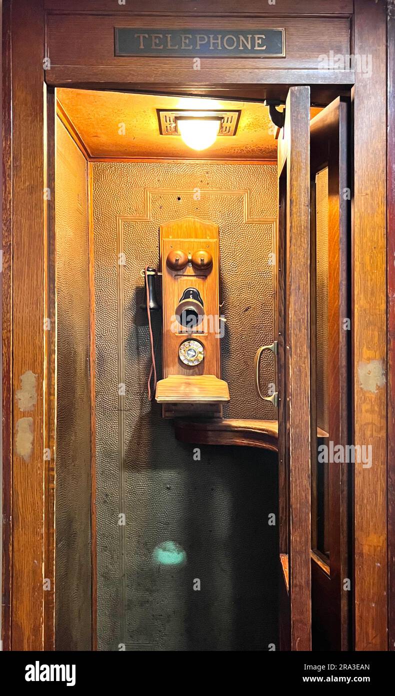 vintage telephone booth (old time, classic, wood, door) antique Stock ...