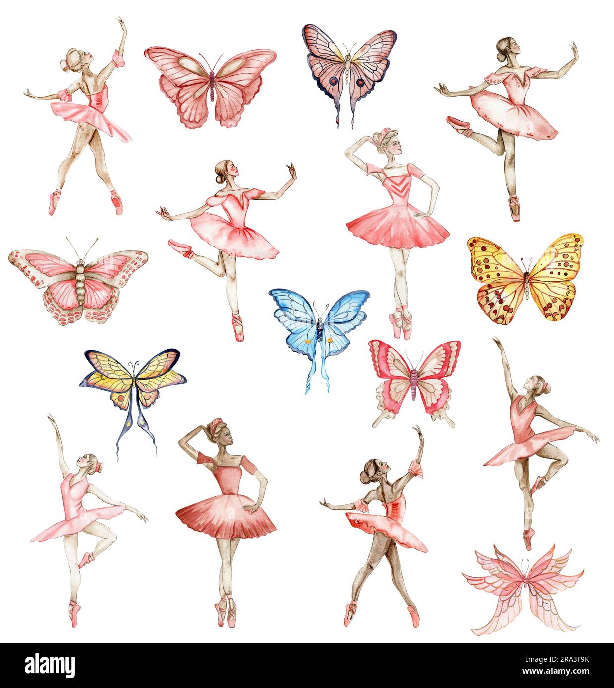 Watercolor dancing ballerina in red dress and colorful butterfly. Hand ...