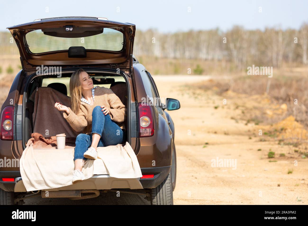 Having rest after long driving. Mental health and solitude in nature ...