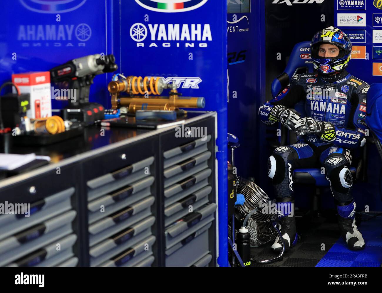 GMT94 Yamaha rider Lorenzo Baldassarri in his garage during practice ... GMT94 Yamaha rider Lorenzo Baldassarri in his garage during practice ...