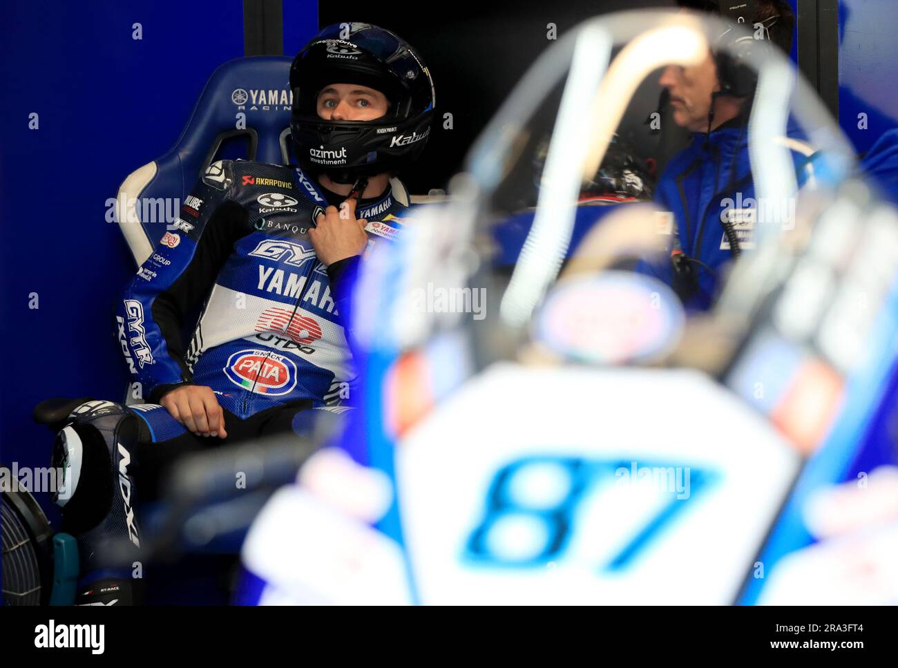 GYTR GRT Yamaha rider Remy Gardner in his garage during practice two on ...