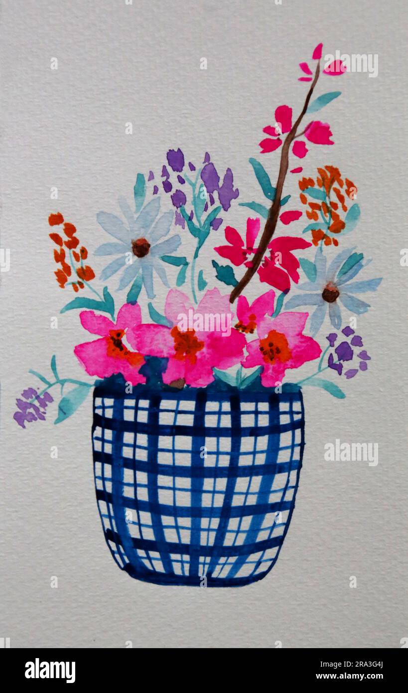 watercolor painting of bouquet of flowers in basket pot blue pink ...
