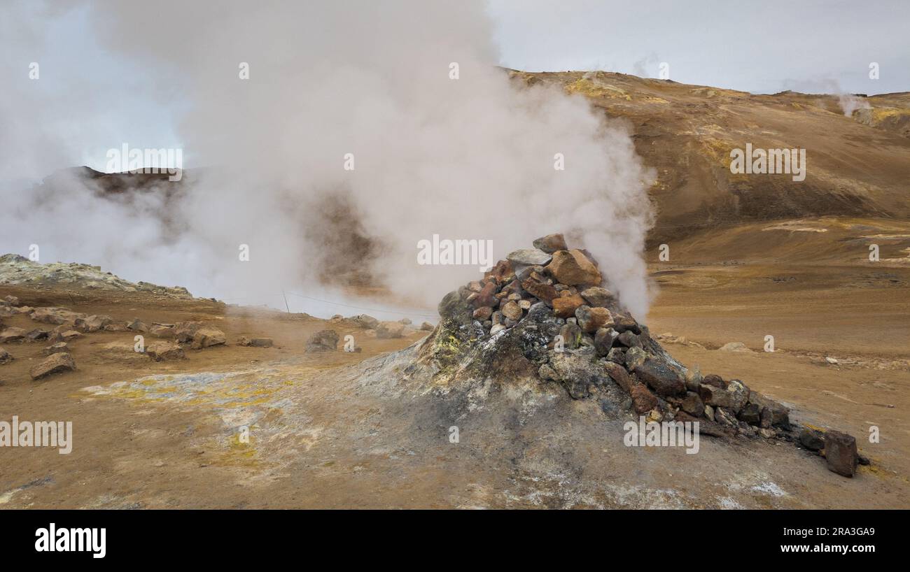The sulfur-hot geysers at Hverir in Iceland in a natural outdoor ...
